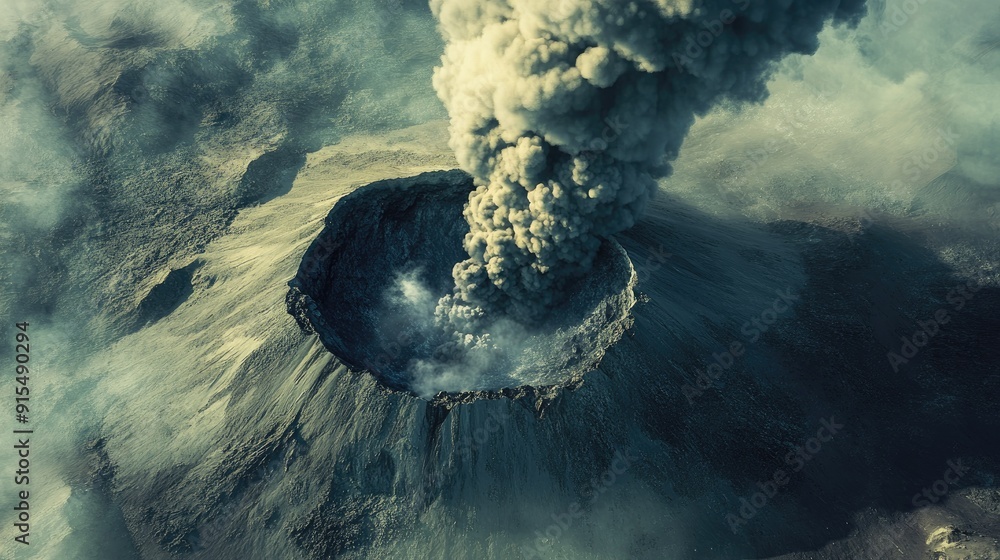 Top view of a volcanic eruption with ash plume rising high into the ...