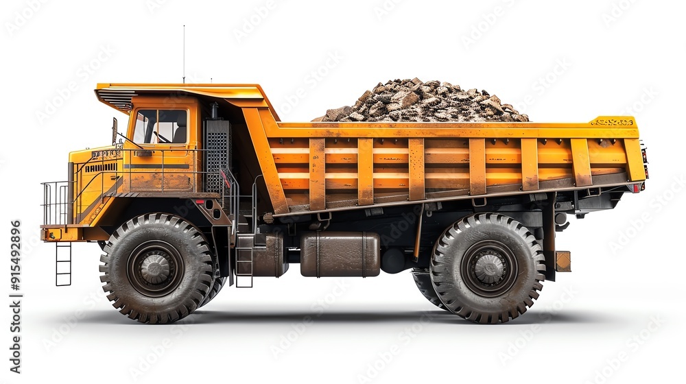 Dump truck, isolated on white, elevated perspective, showing ...