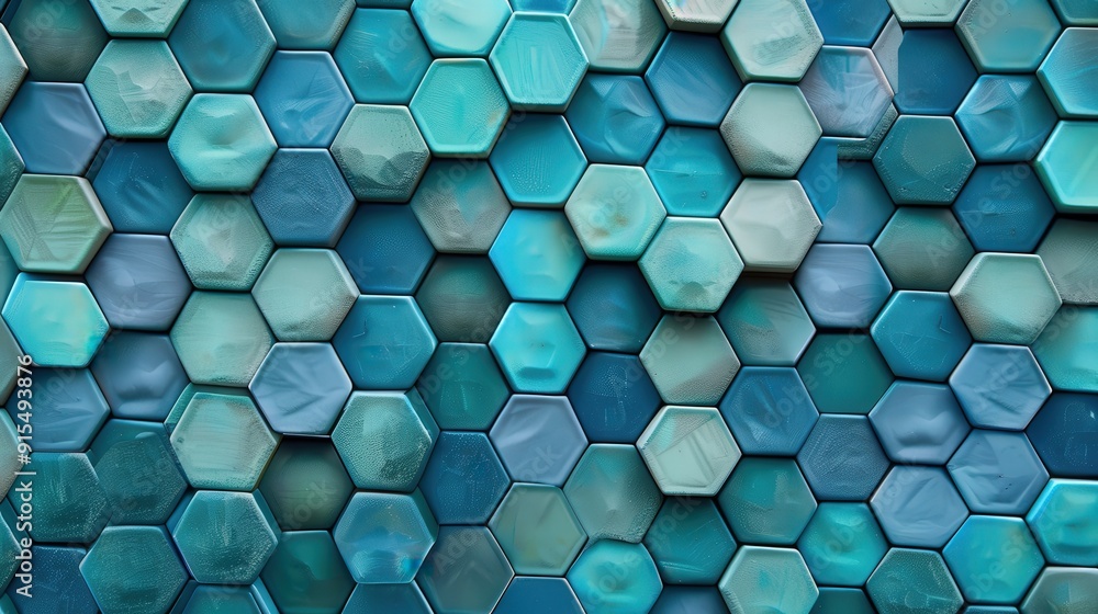 A repeating hexagon pattern in shades of blue and green, resembling a ...