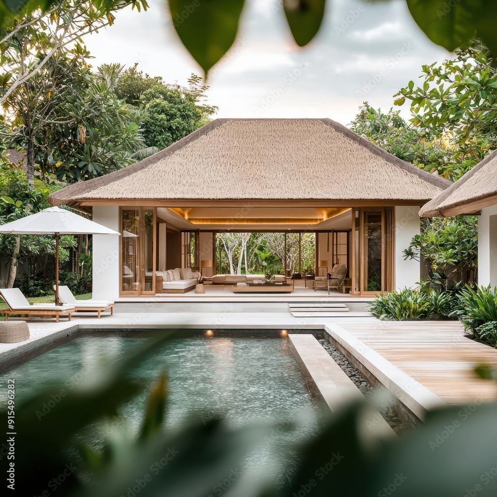 Balinese-style house, open-air design, thatched roof, tropical garden ...