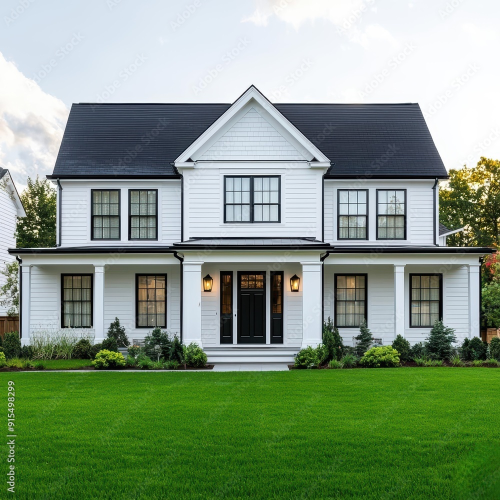 Suburban colonial house with symmetrical design, double-hung windows ...