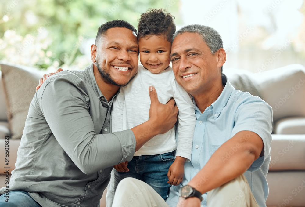 Grandfather, father and boy with portrait by sofa for relax on weekend ...