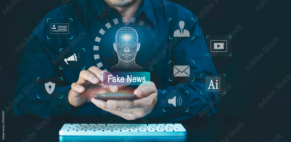 Fake News concept. Ai technology, Deepfake deep learning, deceptive stories, propaganda, lies ...