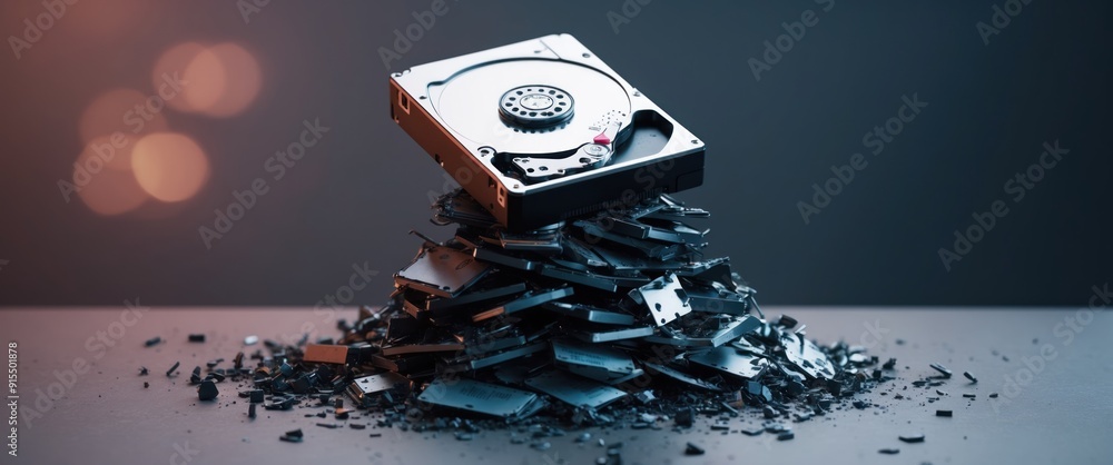 Broken hard drive atop shattered disks symbolizing data loss and ...