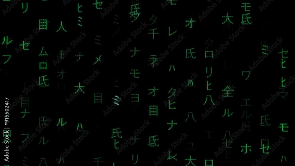 Green Alphanumeric Characters Fall in Vertical Lines on a Black Screen, Creating a Digital Rain ...