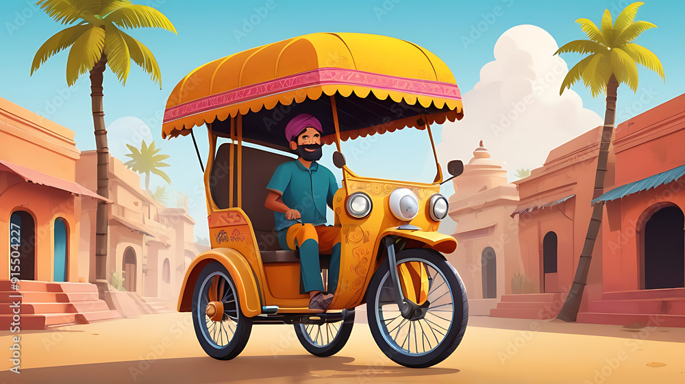 A 3D cute cartoon style Indian rickshaw with exaggerated wheels and ...