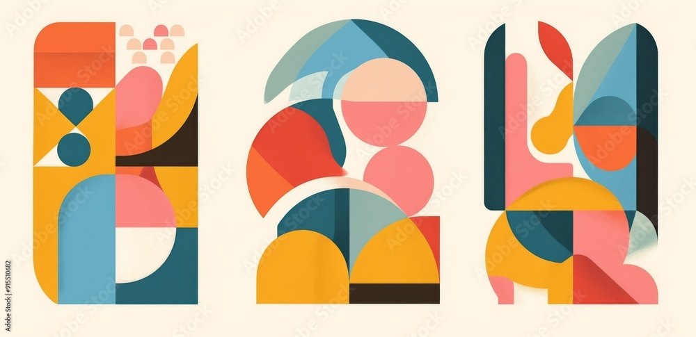 3-Panel Design with Geometric Shapes in Pastel Colors on White ...