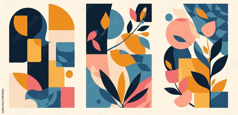 3-Panel Design with Geometric Shapes in Pastel Colors on White ...