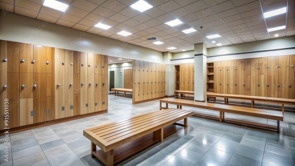 Empty gym locker room interior with wooden bench, sink, and mirror ...