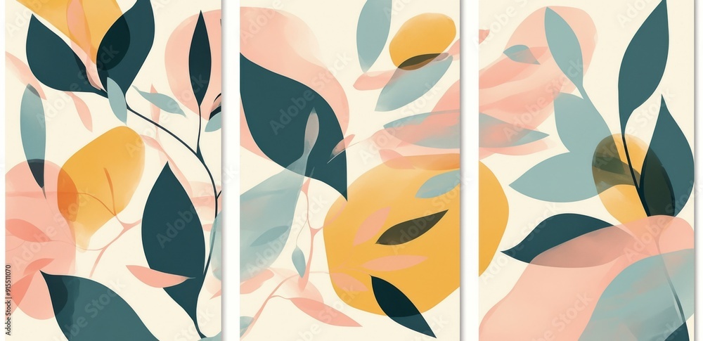 3-Panel Design with Geometric Shapes in Pastel Colors on White ...