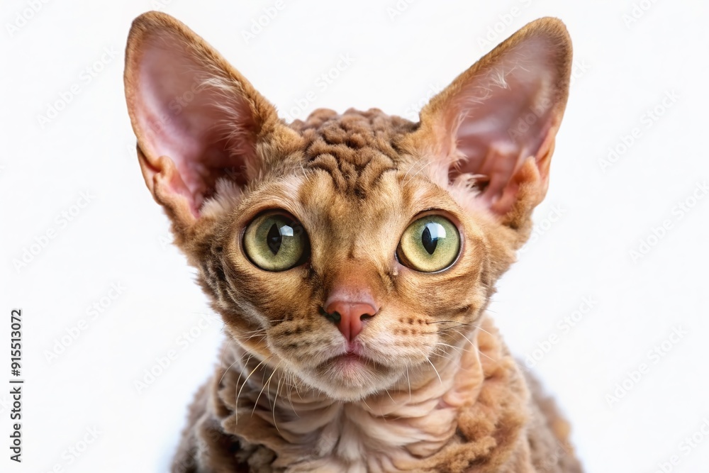 Curly-haired Devon Rex cat's surreal, large eyes and fragile, elongated ...