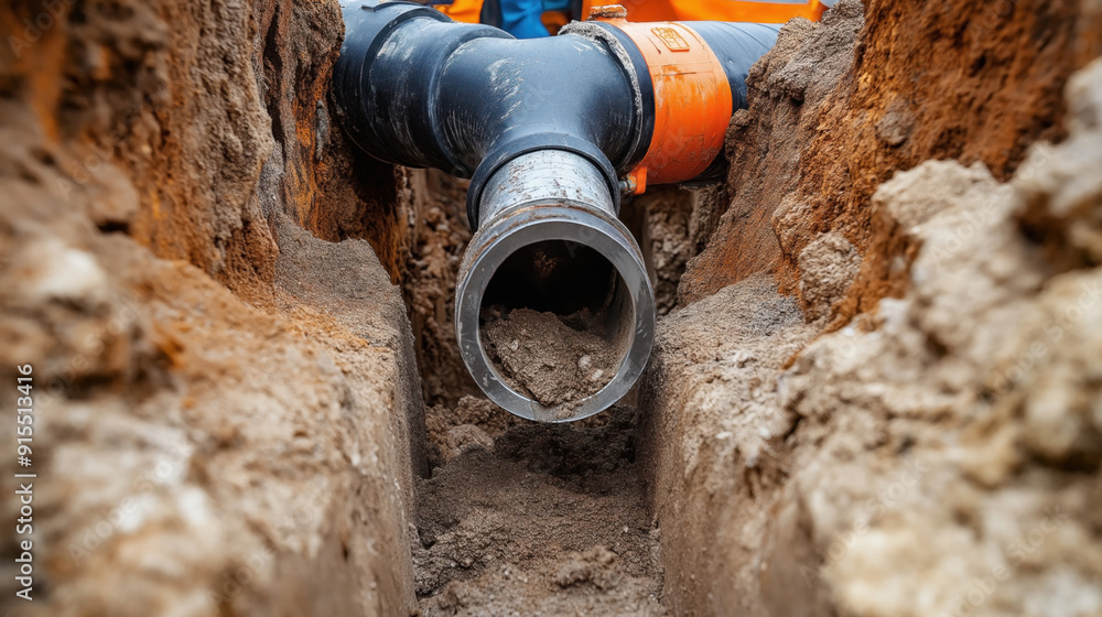 Close-up of a large plastic sewer pipe being installed in a trench ...