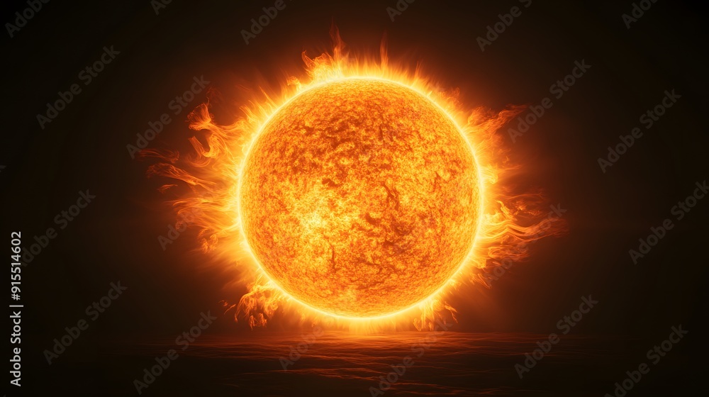 Glowing orange sun, detailed surface texture, solar flares, corona ...