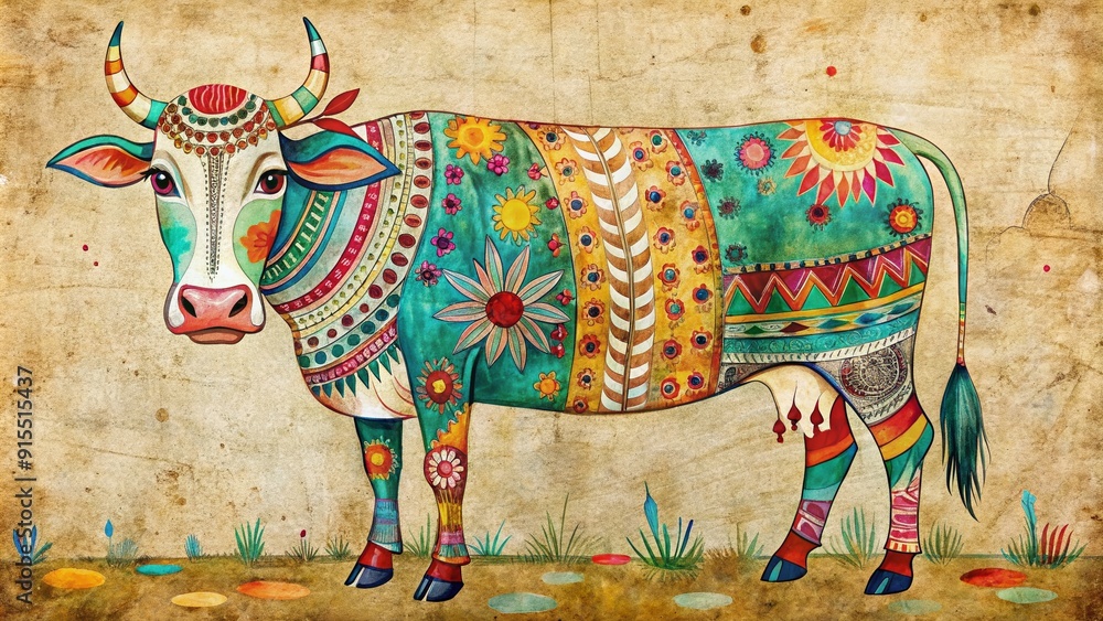 Adorable hand-drawn illustration of a rustic cow with bold lines ...