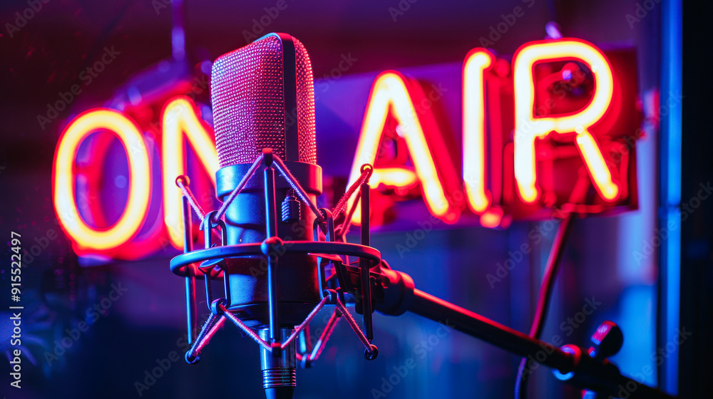 Professional microphone and red neon on air sign on dark blue ...