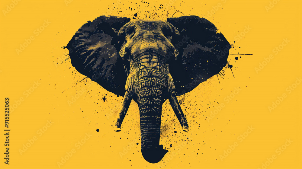 Graphic illustration of an elephant on a bright yellow background. The ...
