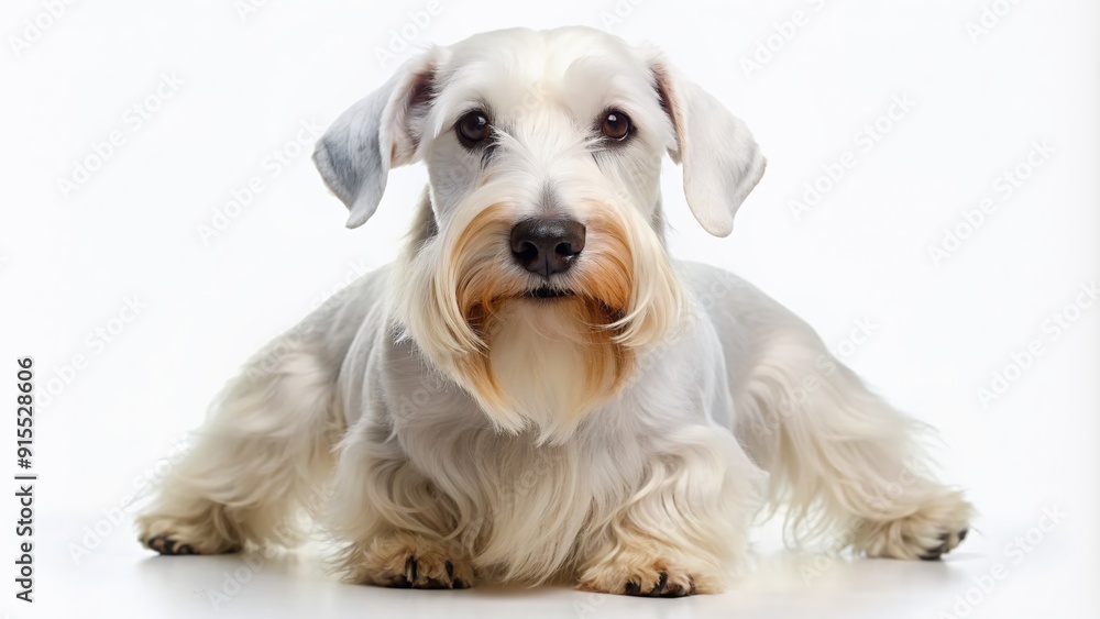 Adorable Sealyham terrier stands proudly on all fours against a plain ...