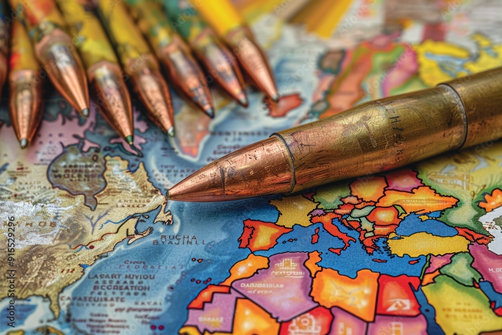 A creative photo of bullets lying on a colorful world map. The map ...