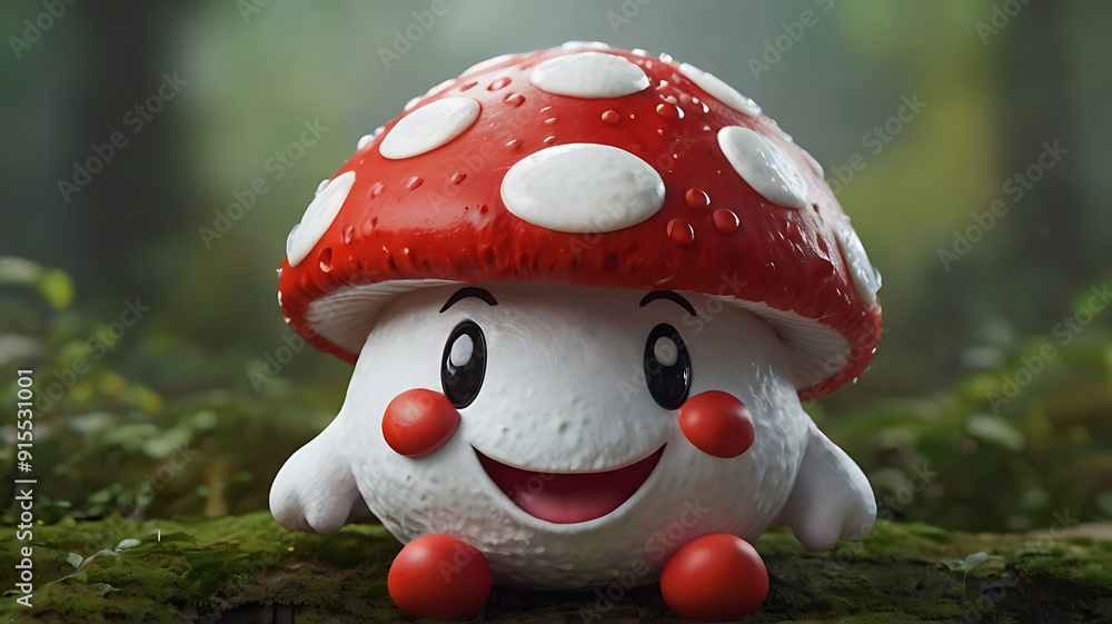 A 3D cute cartoon style portrait of a bubbly, round mushroom character ...