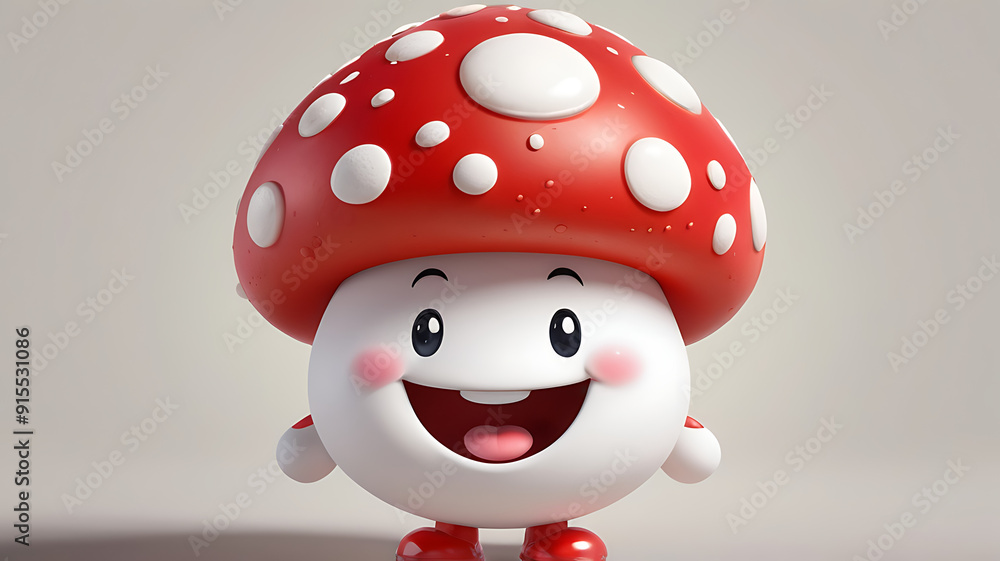 A 3D cute cartoon style portrait of a bubbly, round mushroom character ...