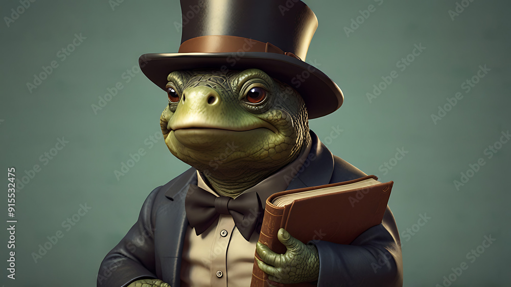 A 3D cute cartoon style portrait of a wise, monocle-wearing turtle ...