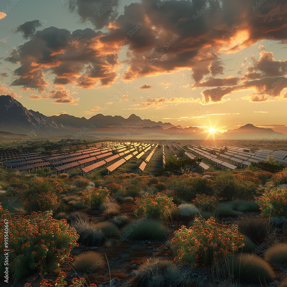 Solar farms in arid landscapes, optimized for efficiency in extreme ...