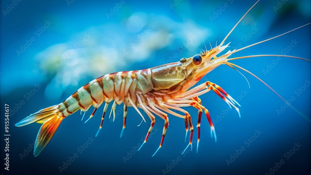 Tiger shrimp swimming gracefully in clear blue water, tiger shrimp ...
