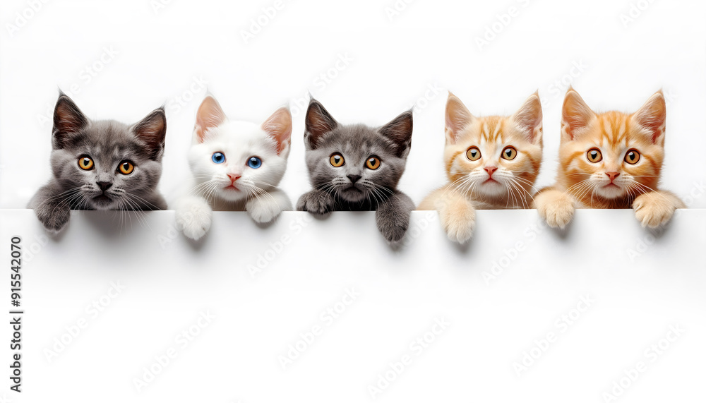 Five cute cats heads on a message board isolated on a white background ...