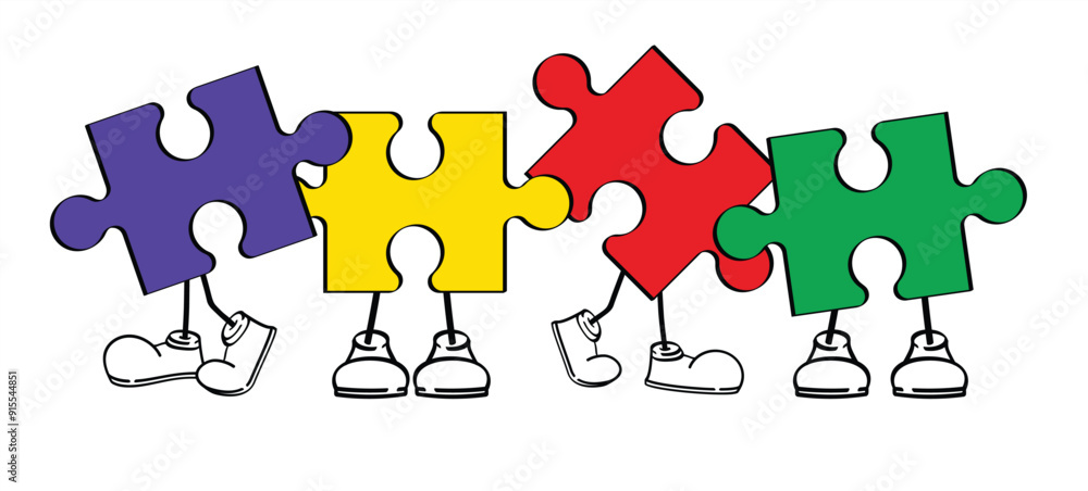 Cartoon mascot autism ribbon. World awareness day. Jigsaw line pattern ...