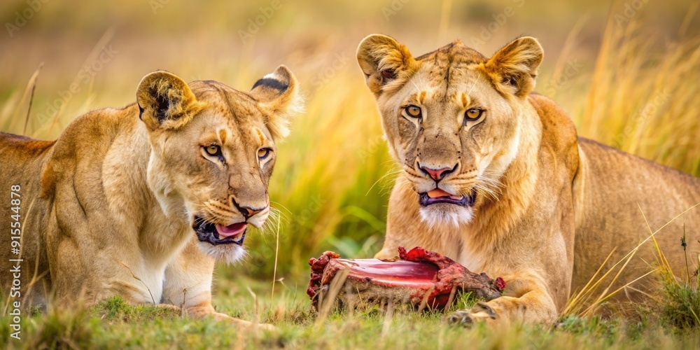 Two female lions feasting on a gazelle in the African savanna , lioness ...