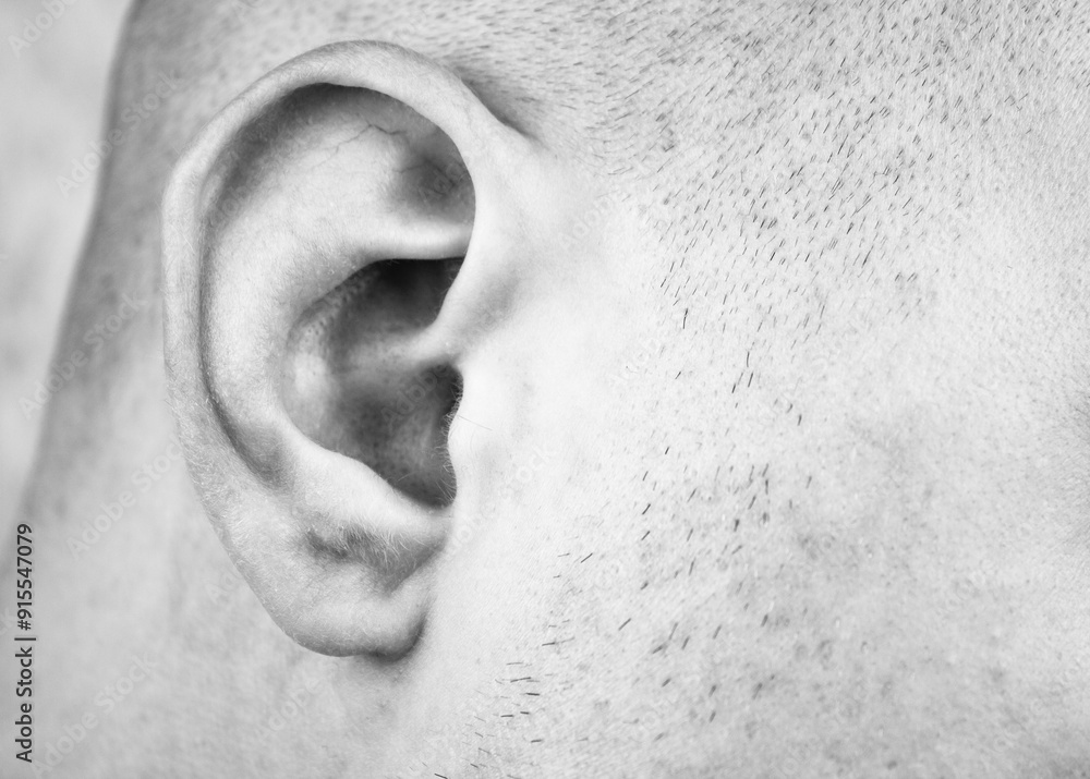 Ear of a deaf man close-up gray. Deaf,deaf-mute concept, the problem of ...