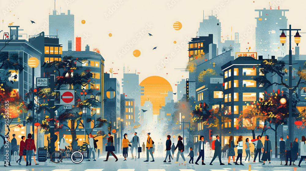 Illustrate the cultural influences on modern urban life, blending ...