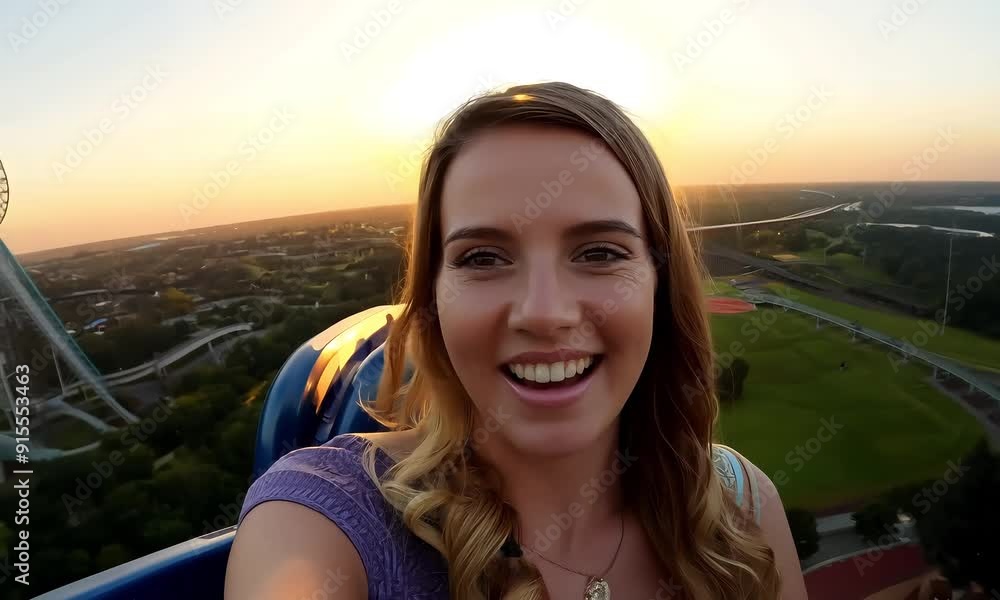 Sunset Selfie on a Rollercoaster: A young woman beams with joy as she takes a selfie on a ...