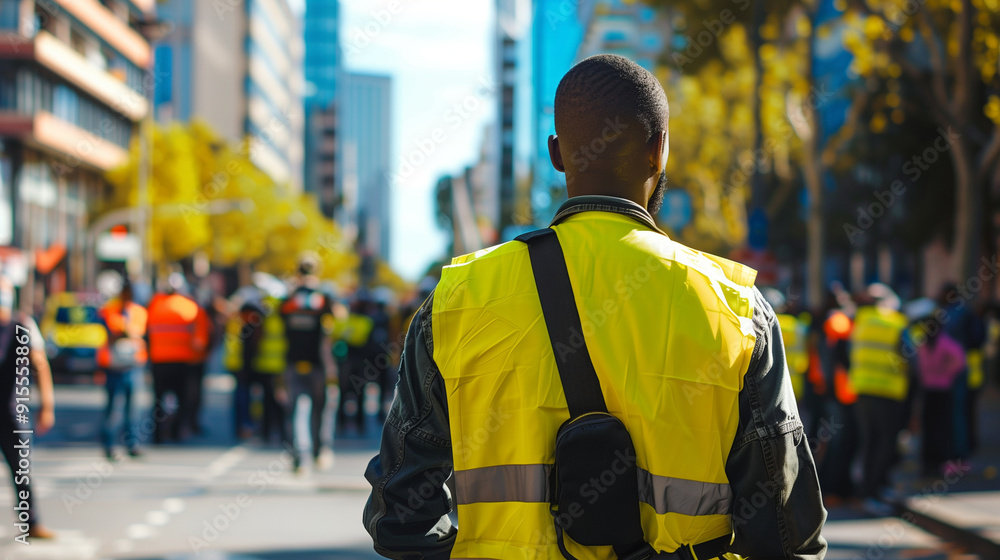 Back view of traffic police officer man patrol night city street. crowd ...