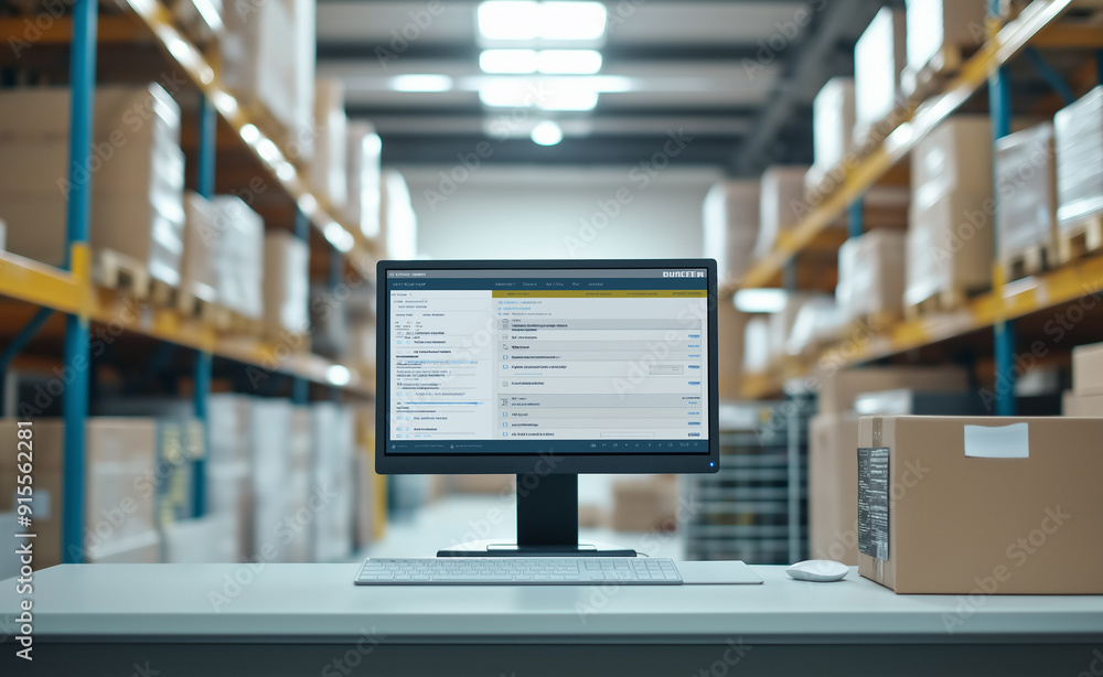 Computer monitor displaying inventory charts in a large warehouse with ...