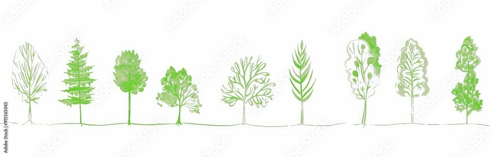 A continuous line drawing of trees in various shapes and sizes, each ...