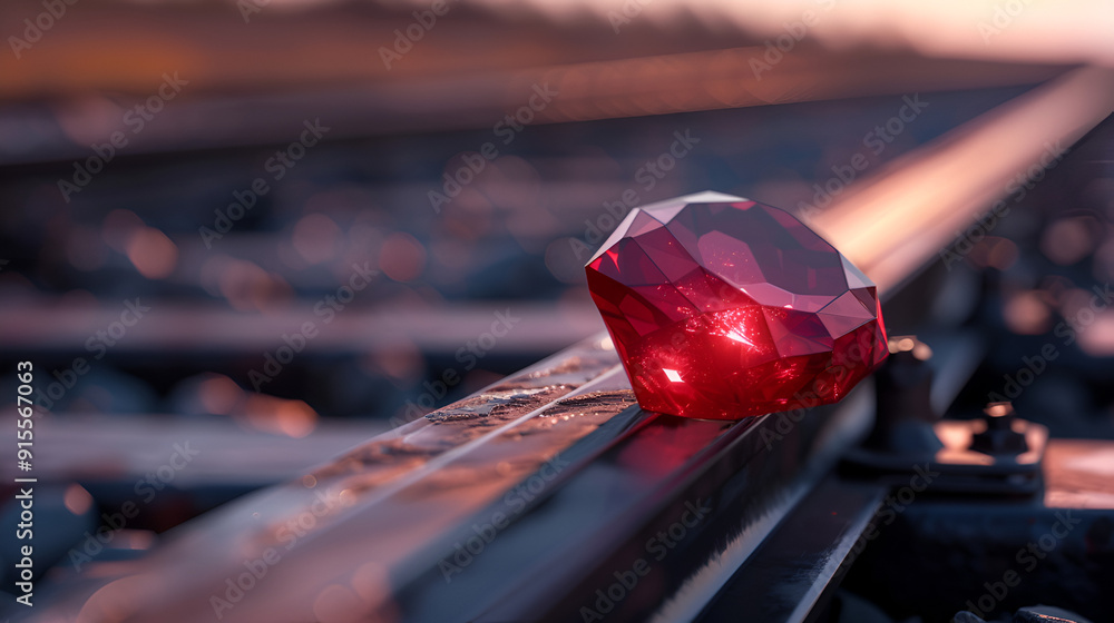 Ruby stone placed on a rail track, symbolizing the Ruby on Rails programming language. This ...