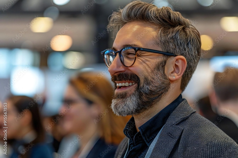 Business man with a well-groomed beard laughing while explaining to his ...