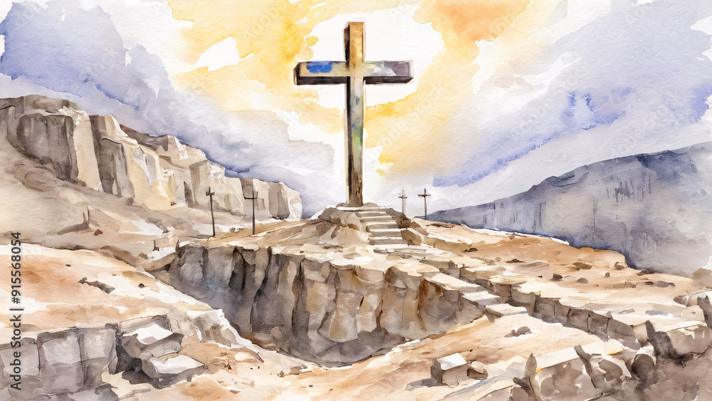 Watercolor painting of the cross on golgotha, capturing the solemnity ...