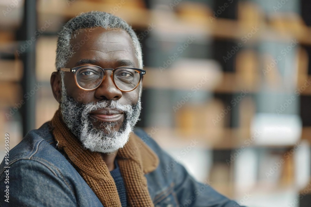 happy African American veteran with eyeglasses and well groomed beard ...