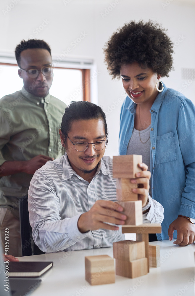Business people, teamwork and collaboration with building blocks for ...