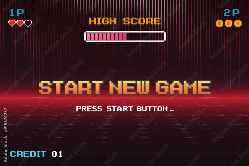 START NEW GAME .press start button .pixel art .8 bit game. retro game ...