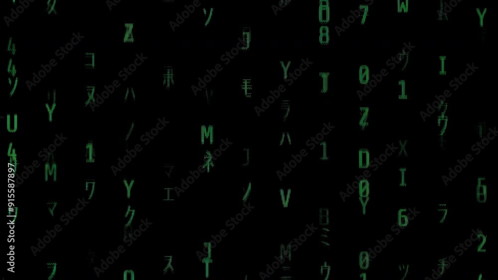 Green Japanese Characters Stream Down a Black Screen in Vertical Lines ...