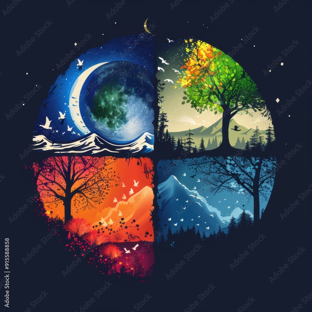 Four-part nature logo showcasing different seasons, merging into a ...