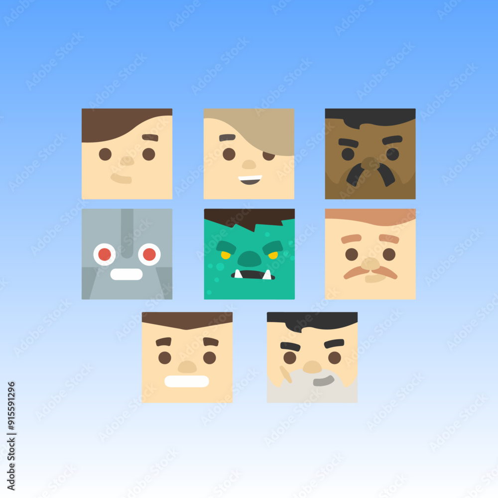 square cartoon emoticons icons, square faces of characters, robots ...