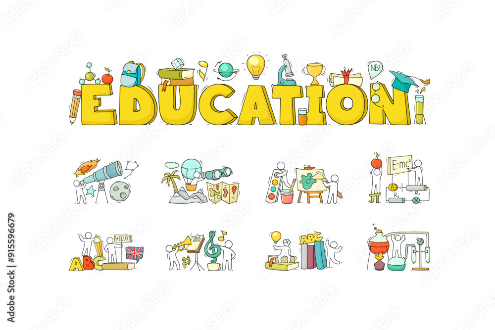Education subjects icons with symbols of math, physics, astronomy and ...
