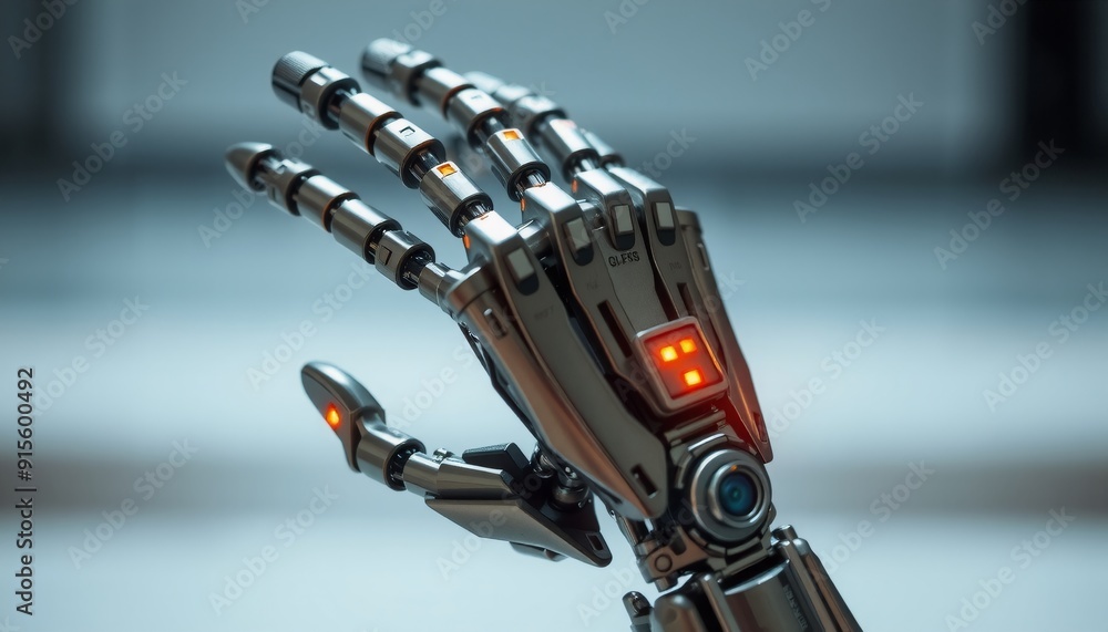ultra-detailed prosthetic hand with metallic finish displaying complex ...