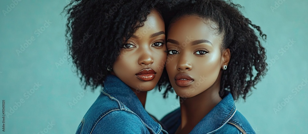 Two African women friends in denim jackets posed together indoors. with ...