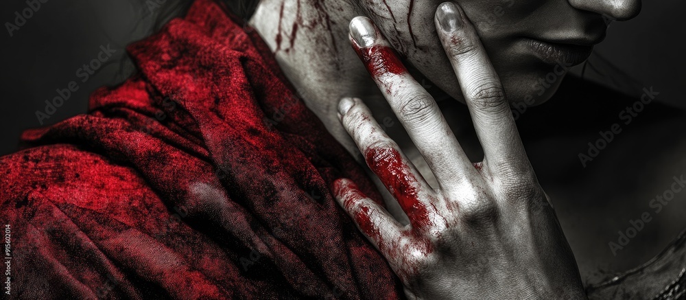 Acute pain in a woman from a sword wound The woman is placing her hand ...