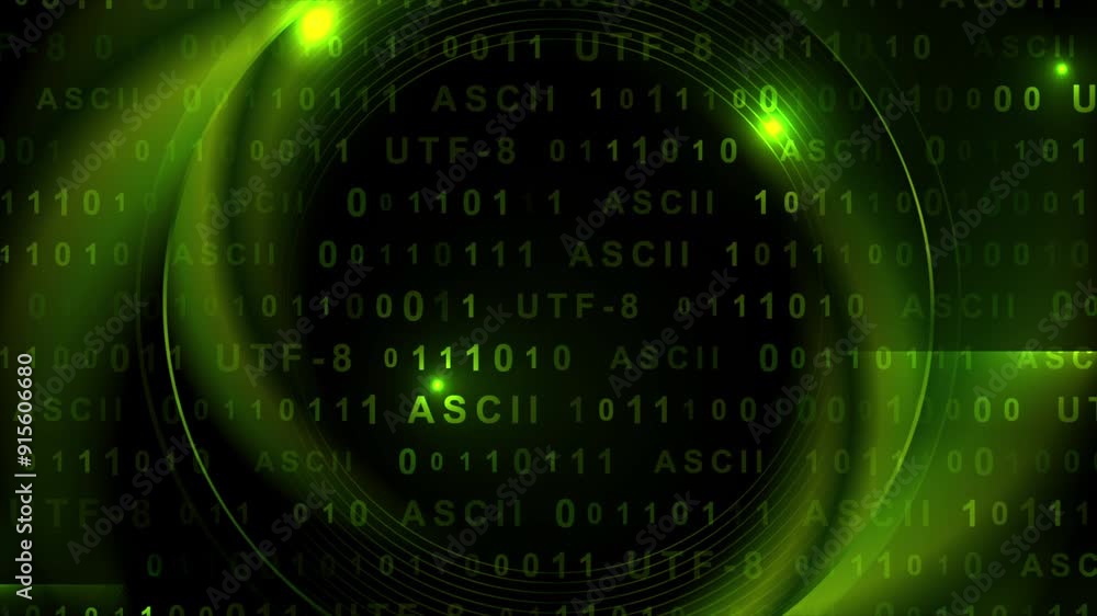 Bright green glowing tech background with binary code numbers. Seamless looping futuristic ...